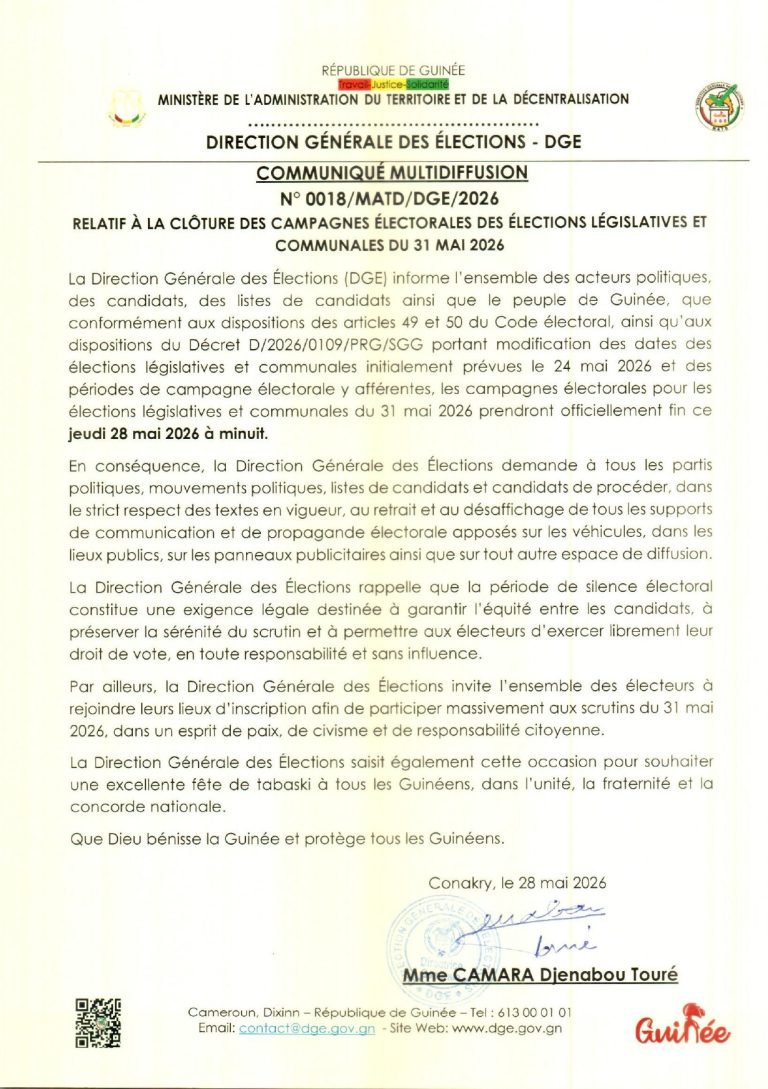Élections 2026 : fin de campagne ce jeudi à minuit - Guinee7sur7